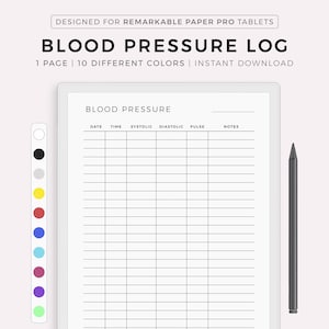 Blood Pressure Log for Remarkable Paper Pro, Daily Blood Pressure ...
