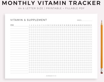Monthly Vitamin Tracker Printable Landscape, Supplement Checklist ...