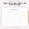 2025 Monthly Calendar With Notes, Printable Calendar Template ...