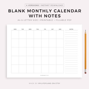 Blank Monthly Calendar With Notes Landscape, Printable Calendar ...