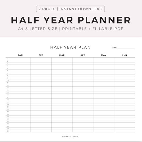 Half Year Planner Printable Landscape Year on 2 Pages - Etsy Canada