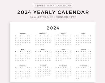 2024 Year Calendar Printable Landscape, Minimalist Calendar, Yearly ...
