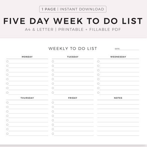 Five Day Week to Do List Printable Landscape Weekly Task - Etsy