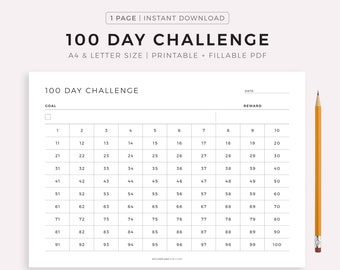 100 Day Challenge Landscape Printable A4/letter Size, Setting Goals ...