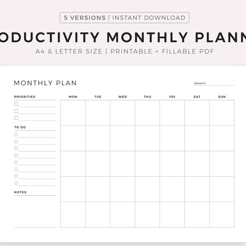 Undated Monthly Planner Printable Landscape Monday & Sunday - Etsy