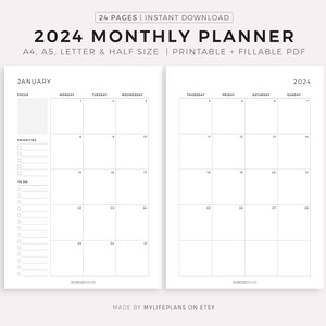 2024 Dated Monthly Planner on Two Pages, Monthly Organizer, Monthly ...