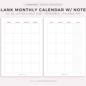Blank Monthly Calendar With Notes, 2 Page Printable Calendar Template ...