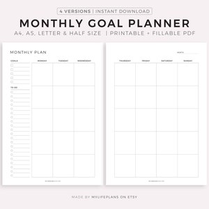 Monthly Goal Planner on Two Pages Printable, Productivity Planner ...