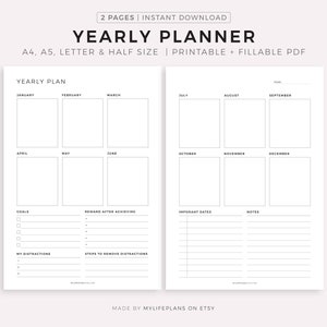 2 Page Yearly Planner Yearly Goals, Important Dates, Rewards ...