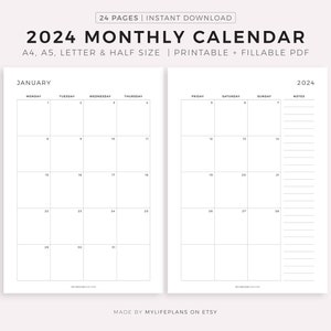 2024 Monthly Calendar on Two Pages With Notes, Printable Calendar ...