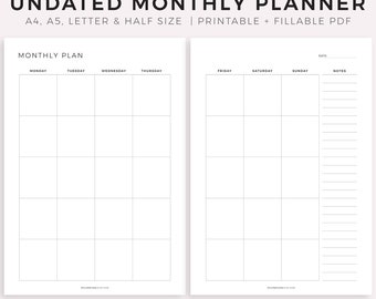 Undated Monthly Planner Printable, Month at A Glance, Monthly Calendar ...