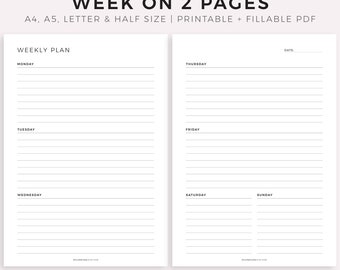Week at a Glance Printable, Weekly Planner Undated, Week on Two Pages ...