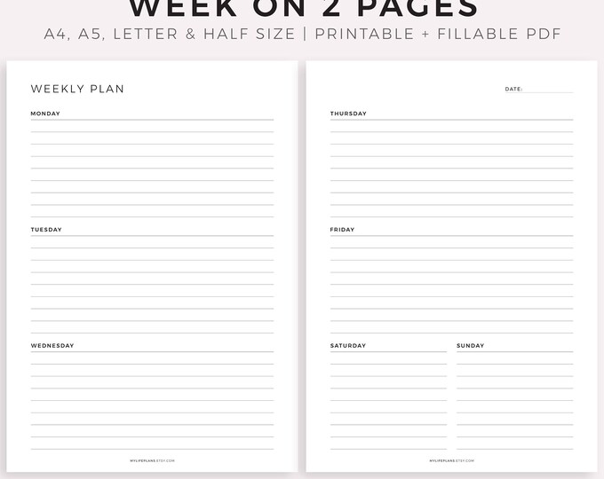 Week at a Glance Printable, Weekly Planner Undated, Week on Two Pages ...