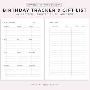 Birthday Tracker & Gift List Printable, Birthday Planner, Birthday and ...