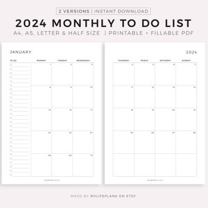 2024 Monthly to Do List on Two Pages, Productivity Monthly Planner ...