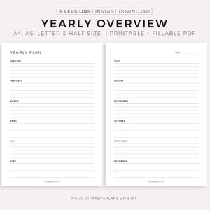 Yearly Overview, Two Page Yearly Planner Printable, Year at a Glance ...