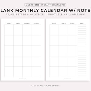 Blank Monthly Calendar With Notes, 2 Page Printable Calendar Template ...