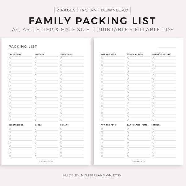 Travel Packing List for Family - Etsy