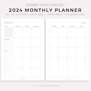 2024 Dated Monthly Planner on Two Pages, Monthly Organizer, Monthly ...