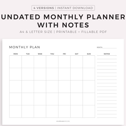 Printable Monthly Planner Landscape Undated Monthly - Etsy