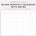 Blank Monthly Calendar With Notes Landscape Printable - Etsy