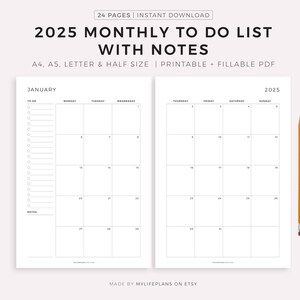 2025 Monthly to Do List on Two Pages, Productivity Monthly Planner ...