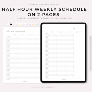 Half Hour Weekly Schedule on 2 Pages, Digital Weekly Planner, Week at a ...