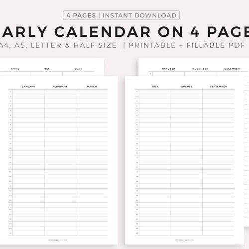Year Calendar on Four Pages Printable Quarterly Overview - Etsy