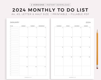 2024 Monthly to Do List on Two Pages, Productivity Monthly Planner ...