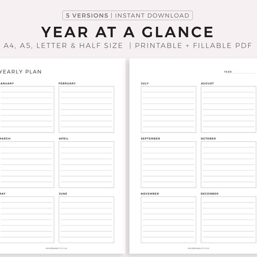 Minimalist Yearly Planner on One Page Year at a Glance - Etsy