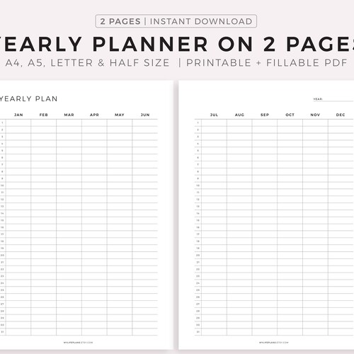 2 Page Yearly Planner Printable Year at a Glance Yearly - Etsy