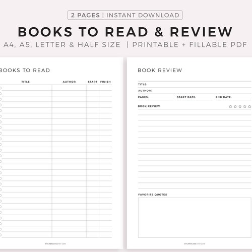 Books to Read List & Book Review Page Printable and Fillable - Etsy