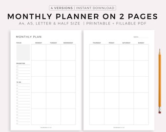 Minimalist Monthly Planner Printable Month at a Glance | Etsy