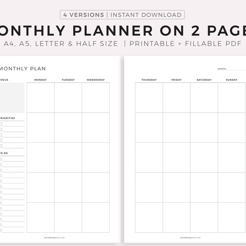 Undated Monthly Planner Printable Month on Two Pages Month - Etsy