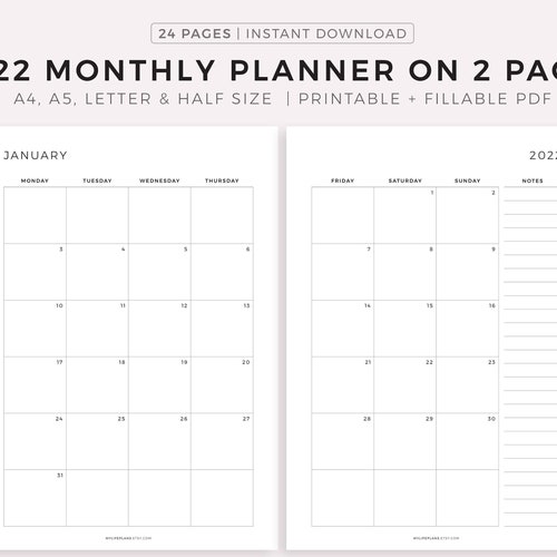 Undated Monthly Planner Printable Month on Two Pages Month - Etsy