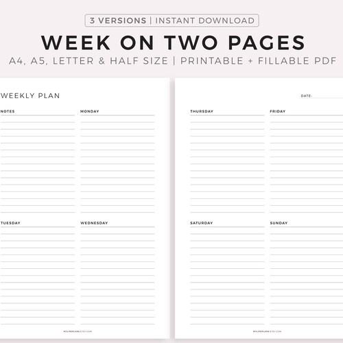 Week on 2 Pages Week at a Glance Weekly Schedule Weekly - Etsy