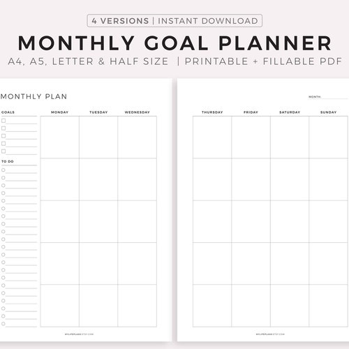 Monthly Goal Planner on Two Pages Printable Productivity | Etsy