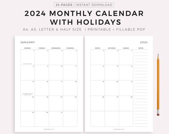 2023-2024 Monthly Calendar Printable Minimalist Vertical - Etsy