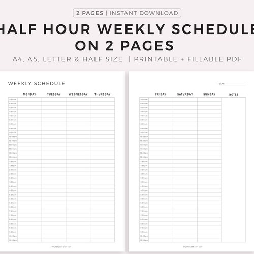 Half Hour Weekly Schedule Weekly Planner Printable Week at a - Etsy