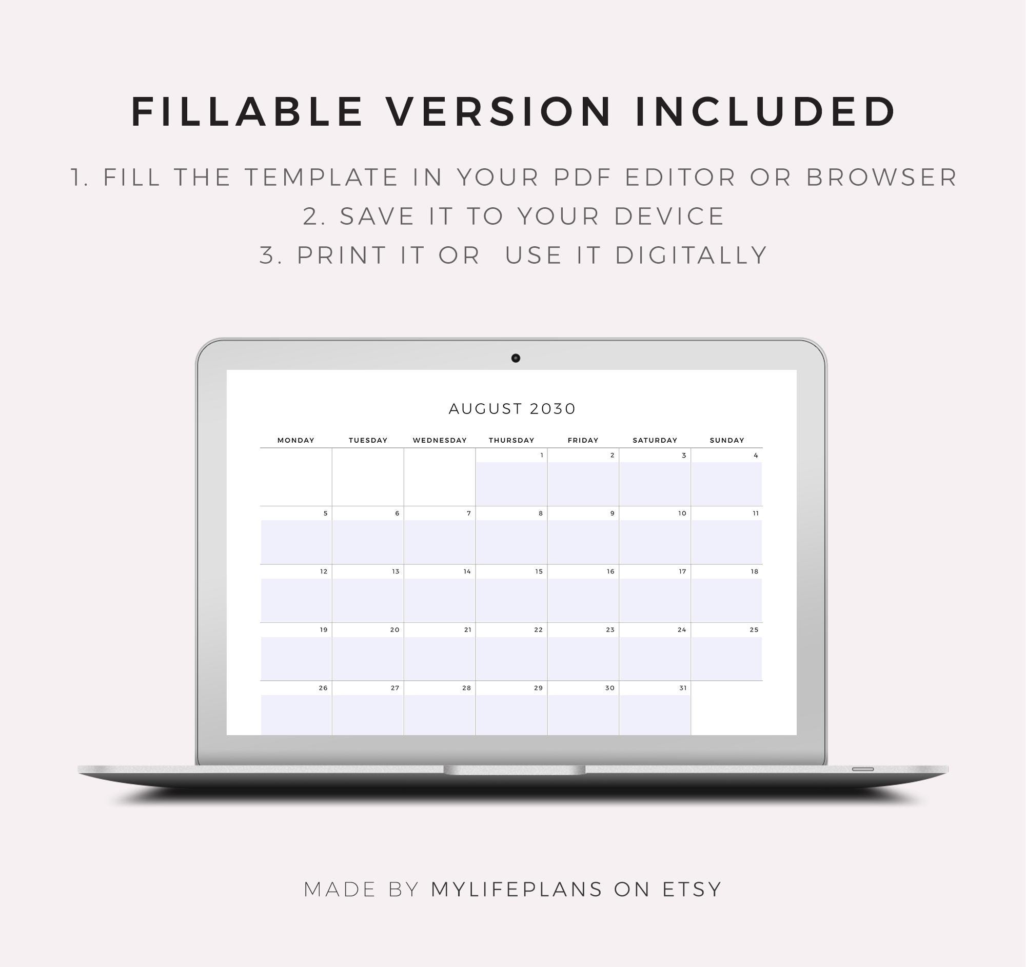 2030 Monthly Calendar Landscape, Printable Calendar Template ...