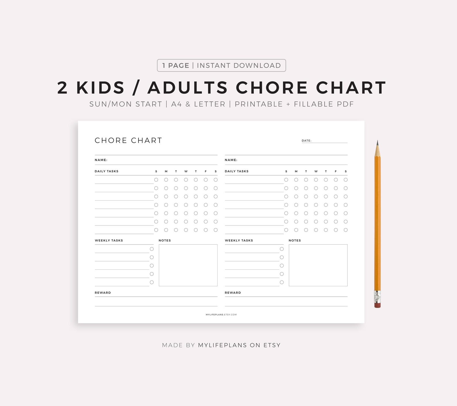 Chore Chart for 2 Kids / Adults Printable Template, Weekly Household ...