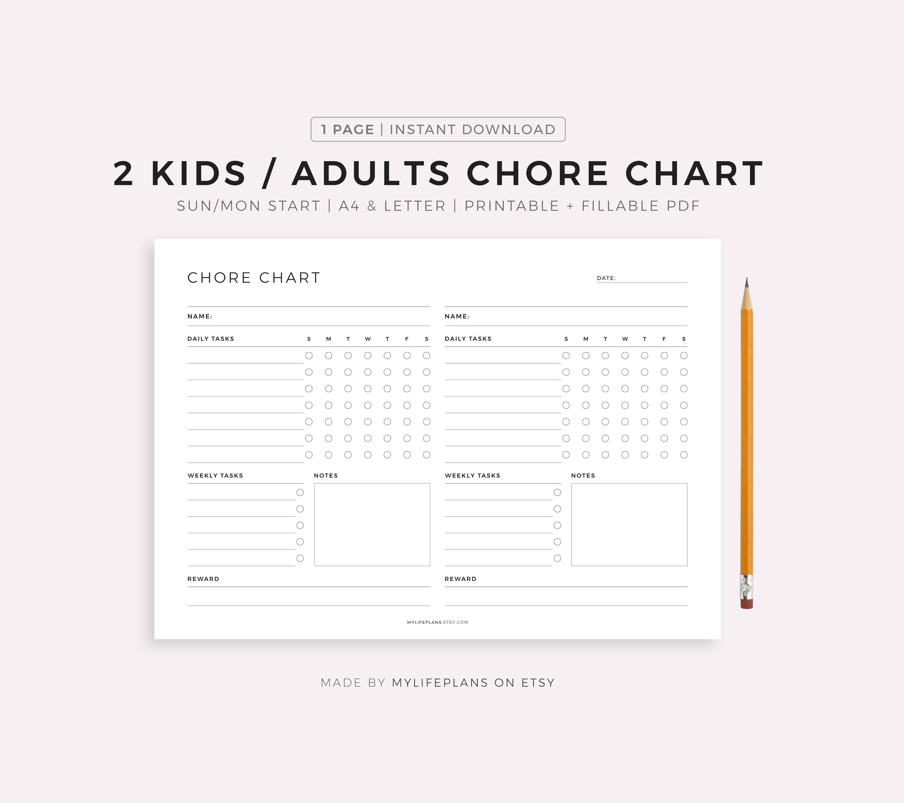 Chore Chart for 2 Kids / Adults Printable Template, Weekly Household ...