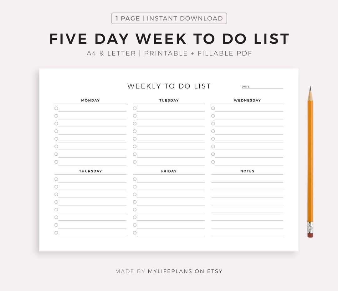 Five Day Week to Do List Printable Landscape, Weekly Task List, Week at ...