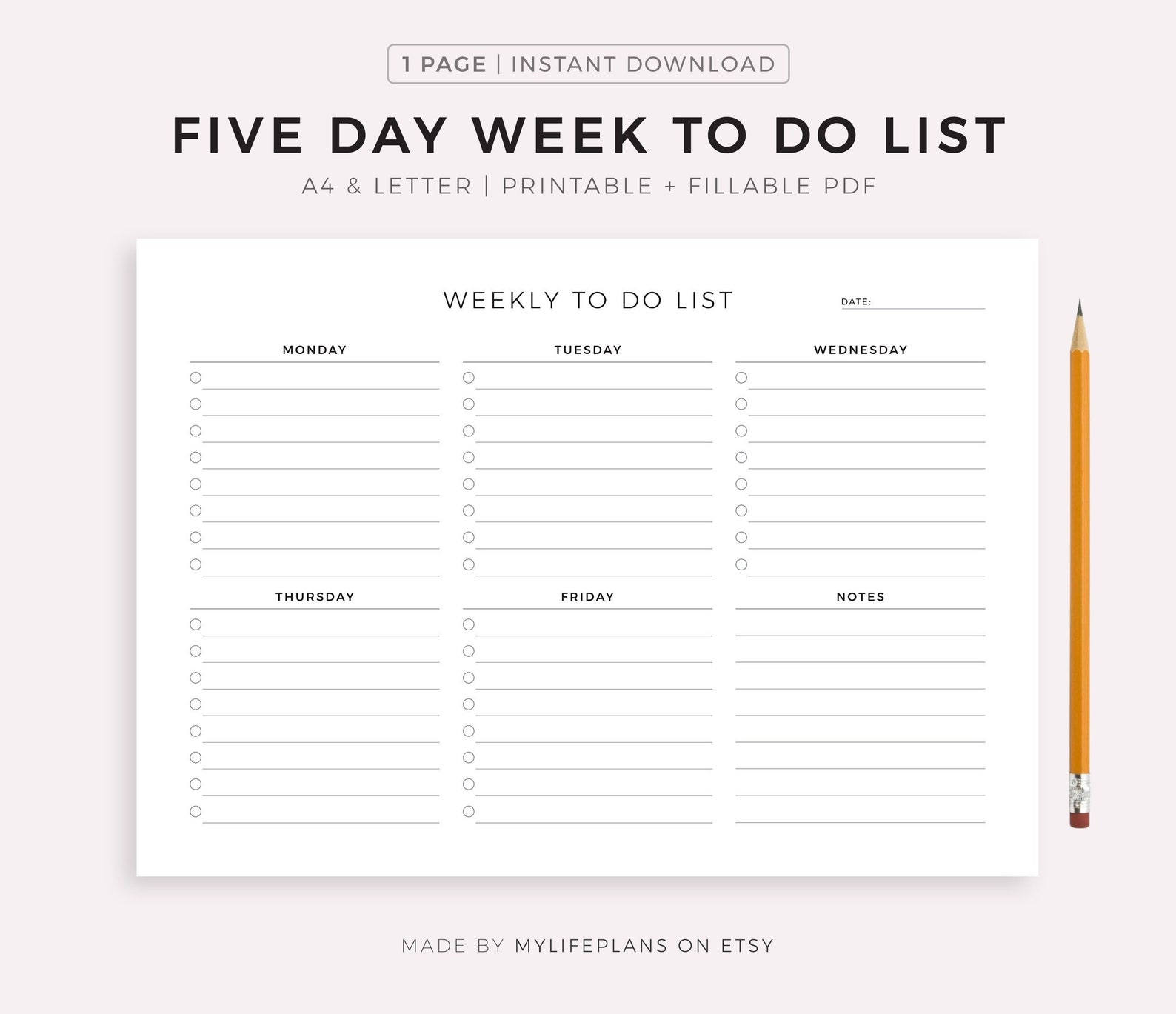 Five Day Week to Do List Printable Landscape Weekly Task - Etsy