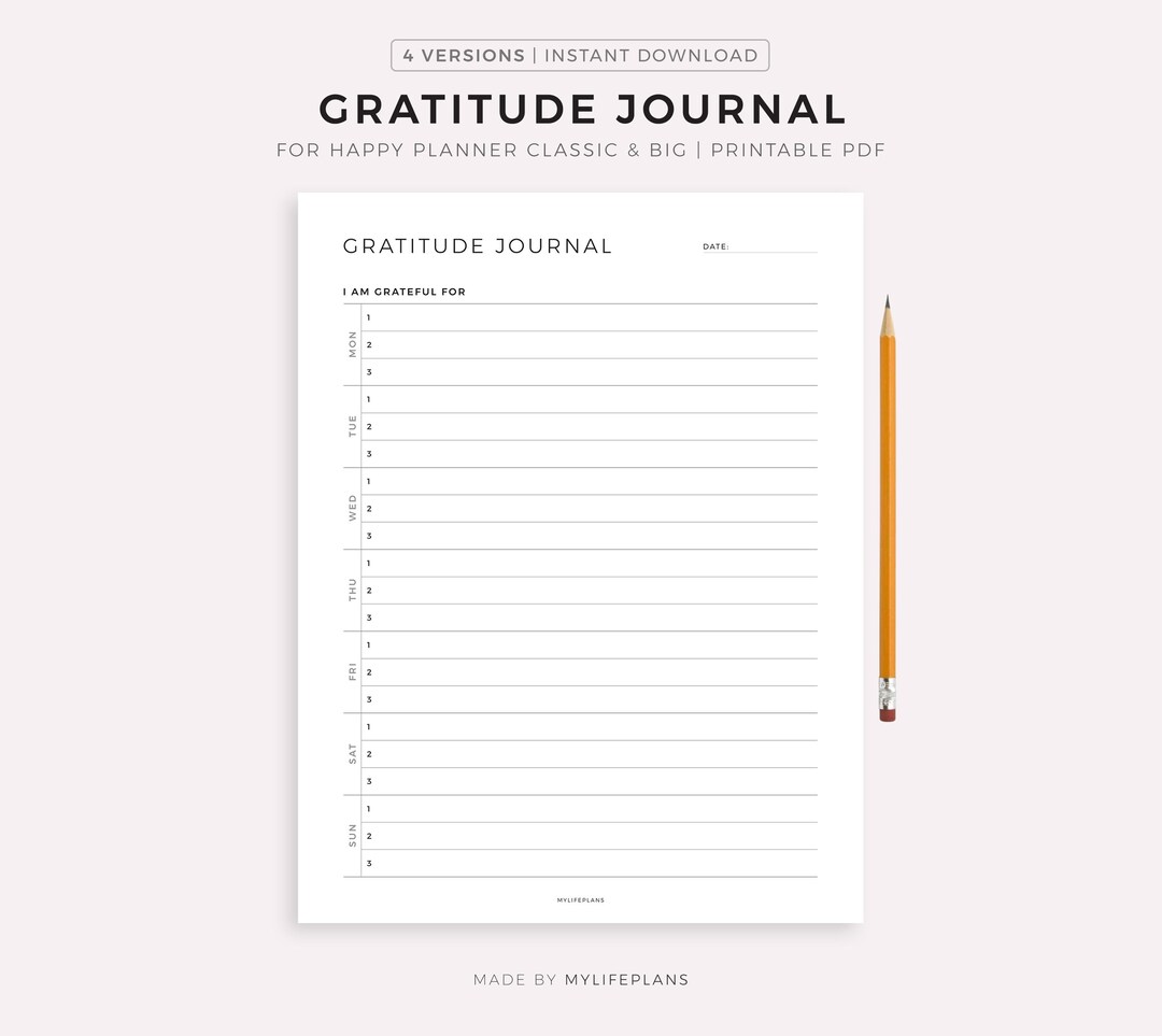 Weekly Gratitude Journal, Printable Template for Happy Planner Classic ...