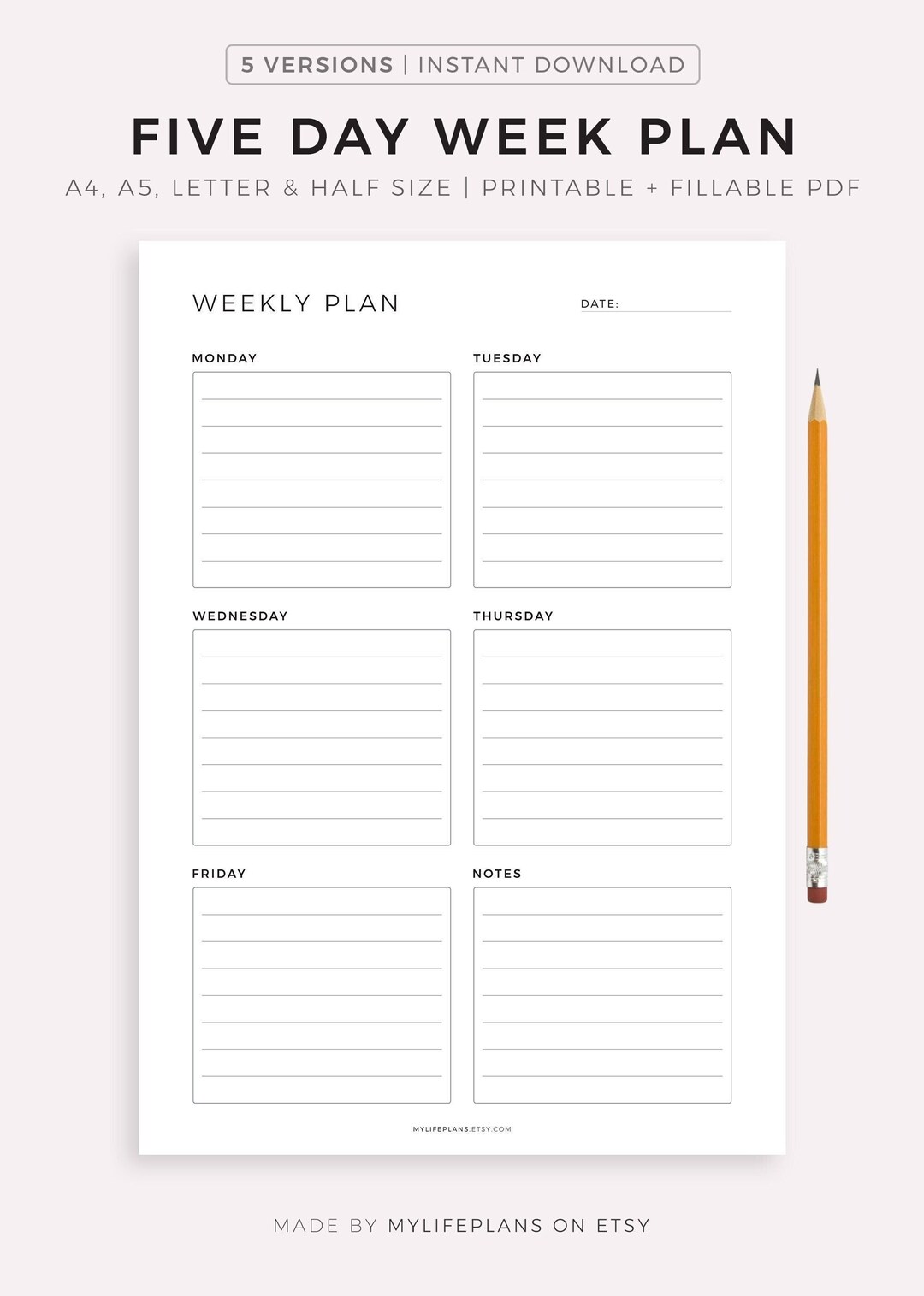 Five Day Weekly Planner Printable, Student Planner, Desk Organizer ...