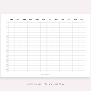 Undated Year Calendar Printable & Fillable, Year at a Glance, Year on ...
