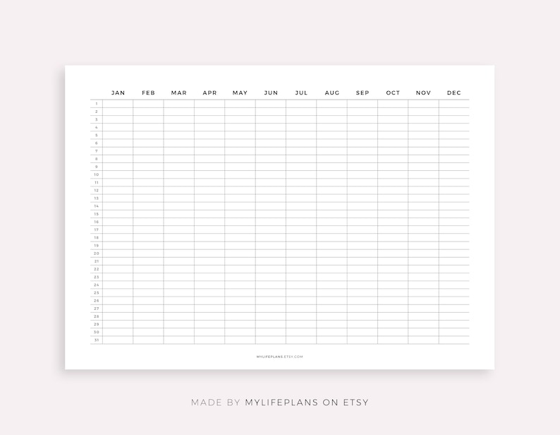 Undated Year Calendar Printable & Fillable Year at a Glance | Etsy