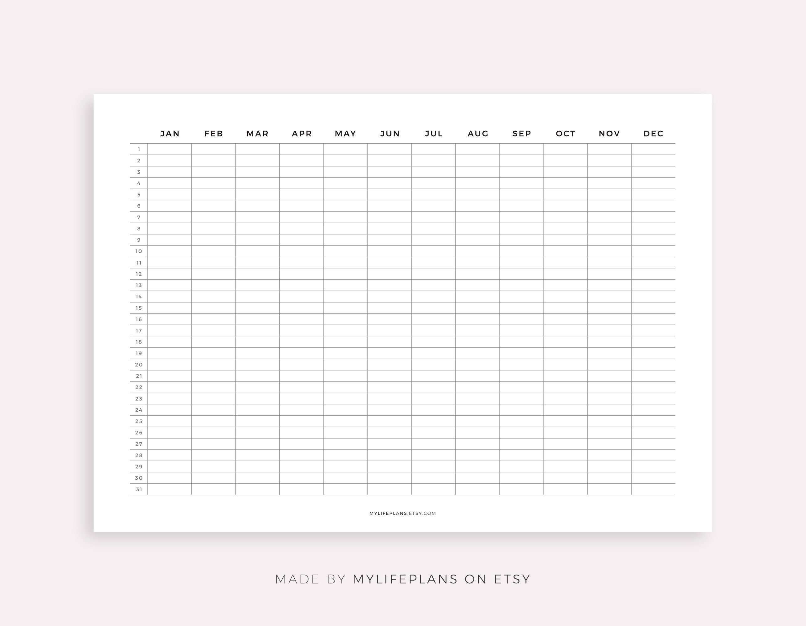 Undated Year Calendar Printable & Fillable Year at a Glance - Etsy