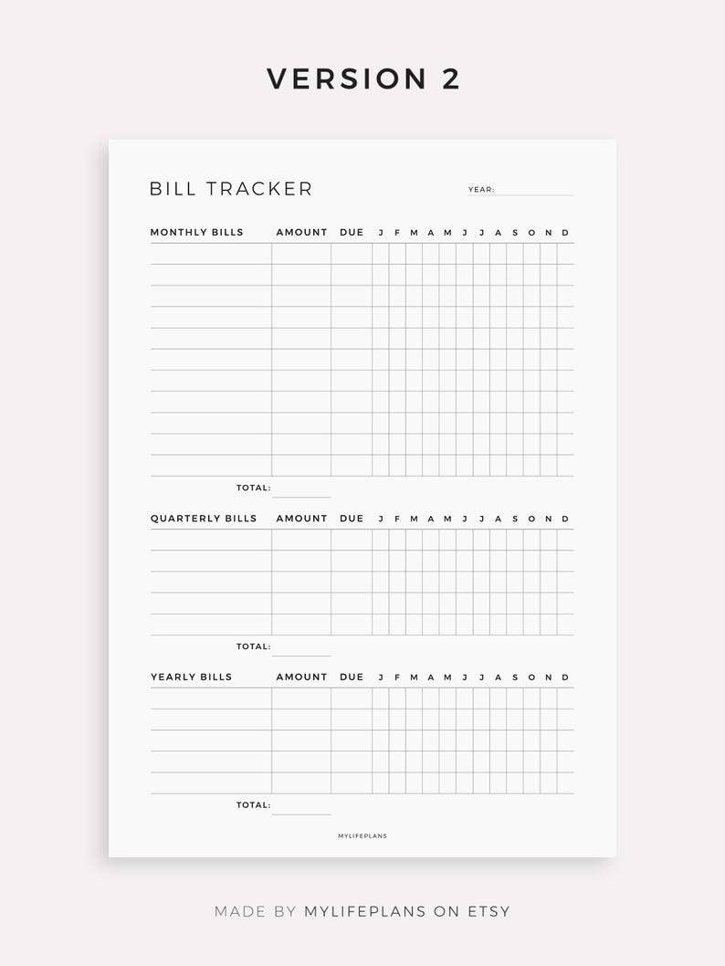 Monthly, Quartly, Yearly Bill Tracker on One Page, Bill Payment ...